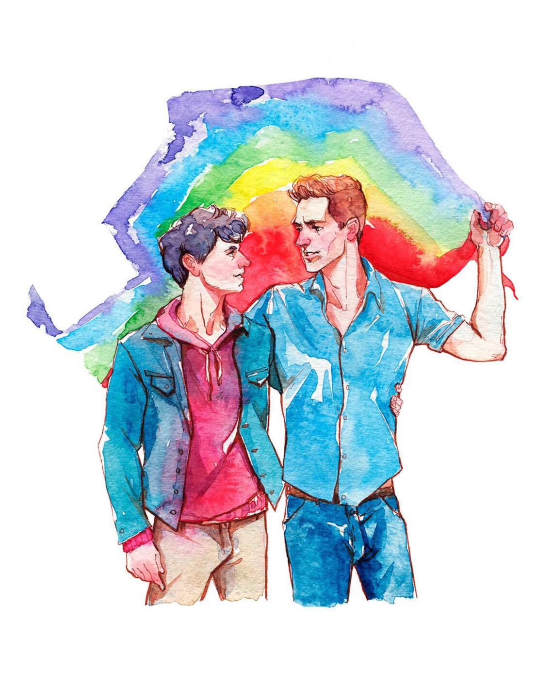 Gay Couple With Rainbow Flag Gay Pride. LGBTQ Art Watercolor | Etsy