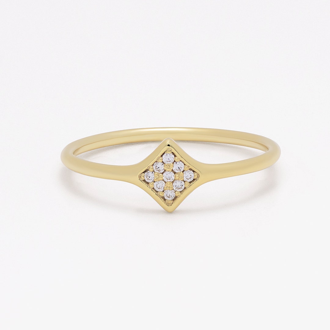 Dainty 14K Gold Rhombus Ring, Pave Diamond Geometric Fashion Ring - Etsy