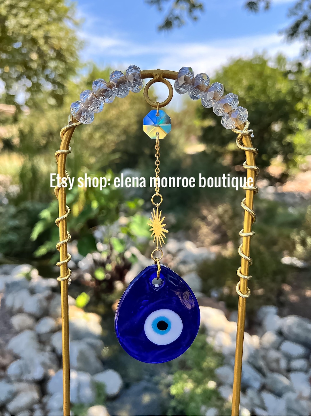 16 Inch Evil Eye Trellis, Glass Bead Pointed Plant Stake, Hamsa and ...