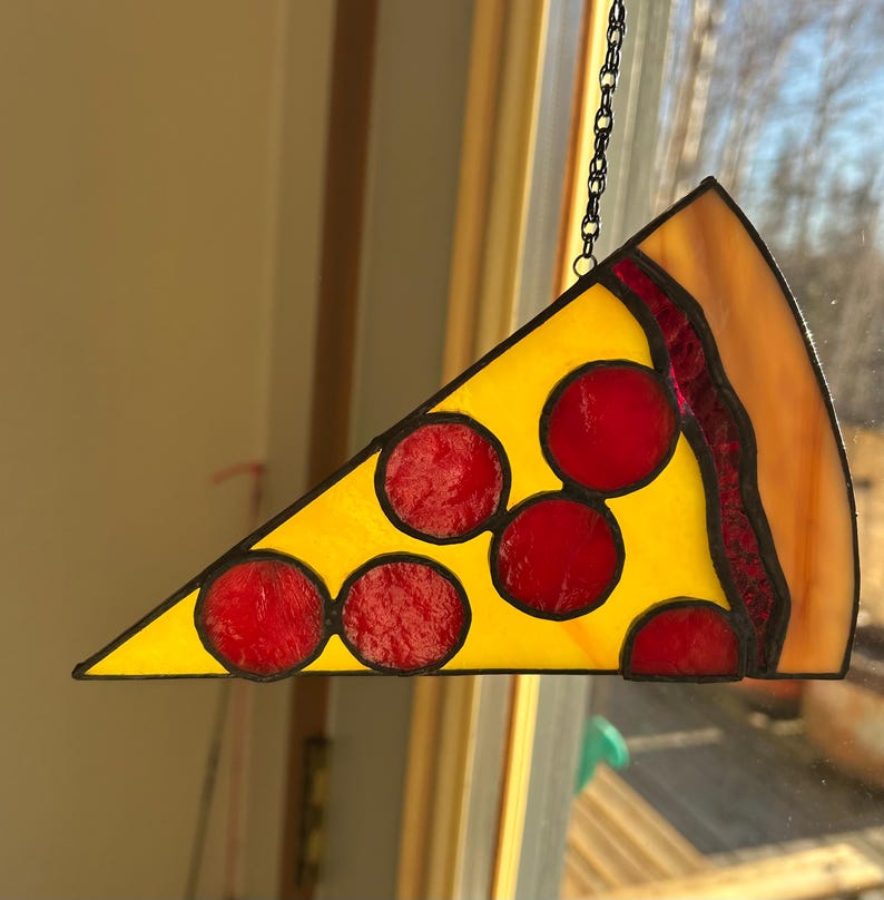 Stained Glass Pizza Slice Suncatcher Pepperoini Pizza Window Wall Decor ...