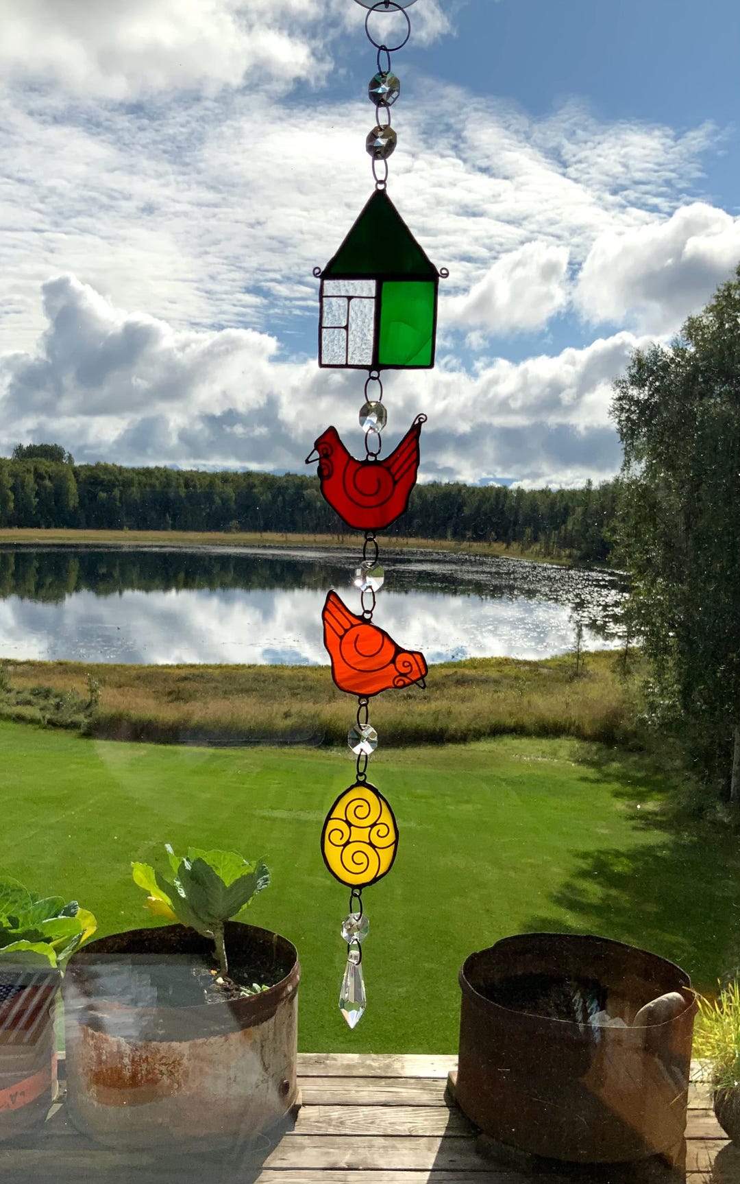 Stainded Glass Chicken Suncatcher Green Red Orange & Yellow With Prism ...