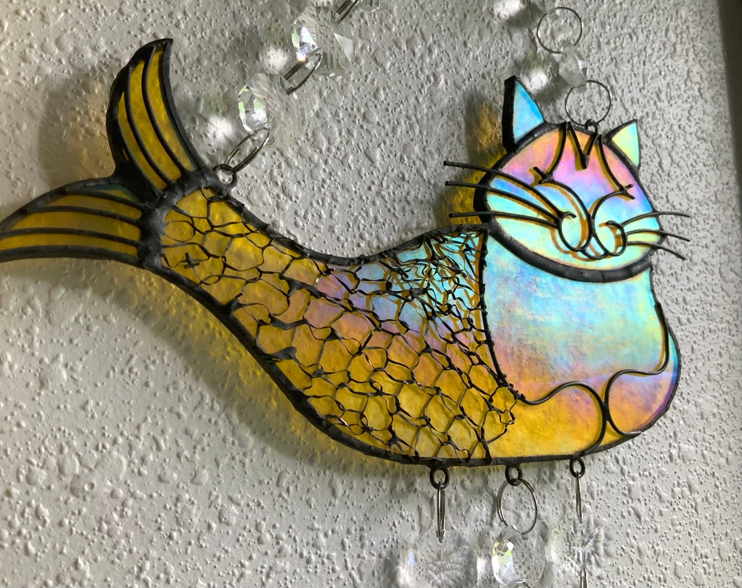 Stained Glass Suncatcher Mercat Purrmaid Cat Fish Mermaid Cat - Etsy