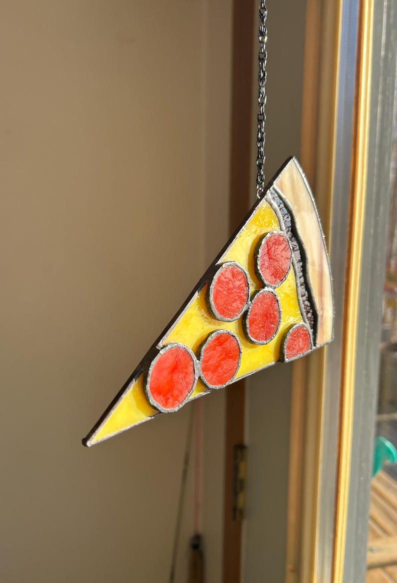 Stained Glass Pizza Slice Suncatcher Pepperoini Pizza Window Wall Decor ...