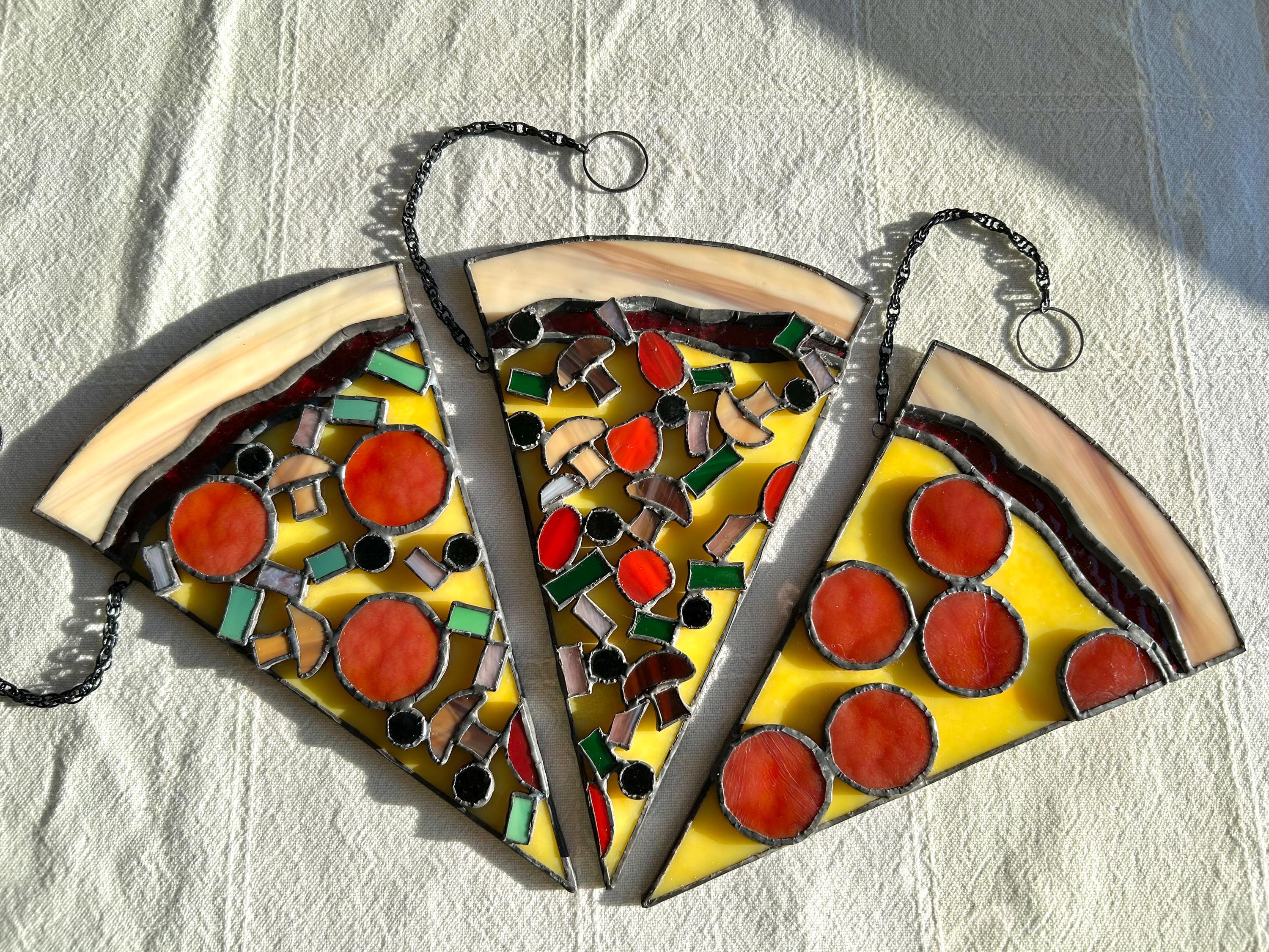 Stained Glass Pizza Slice Suncatcher Pepperoini Pizza Window Wall Decor ...