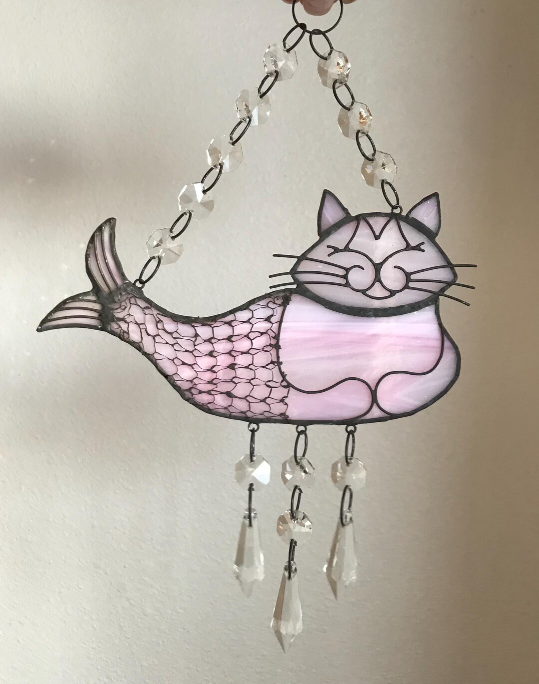 Stained Glass Suncatcher Mercat With Pink Glass Wire Details and Prism ...