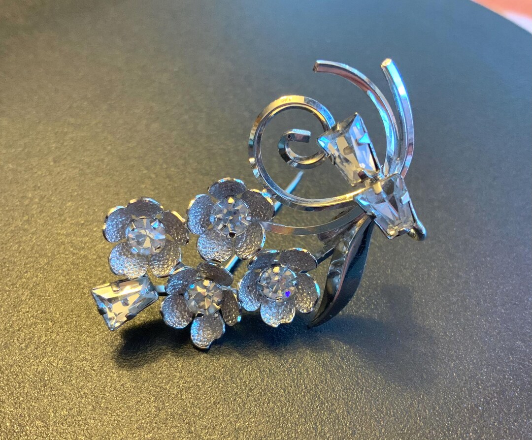 Vintage Sterling Silver Star Art Brooch With Flowers & Clear Crystal ...
