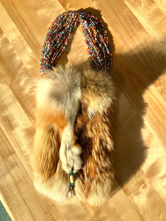Fox Fur Handbag Handcrafted Purse With Beaded Handle - Gem