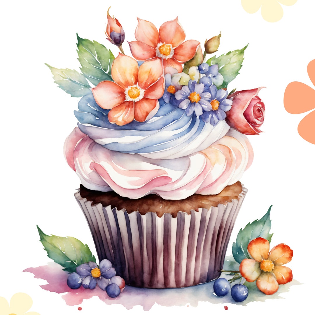 Watercolor Cupcakes Clipart, 5 Pngs, Digital Clipart, Floral Cupcakes ...