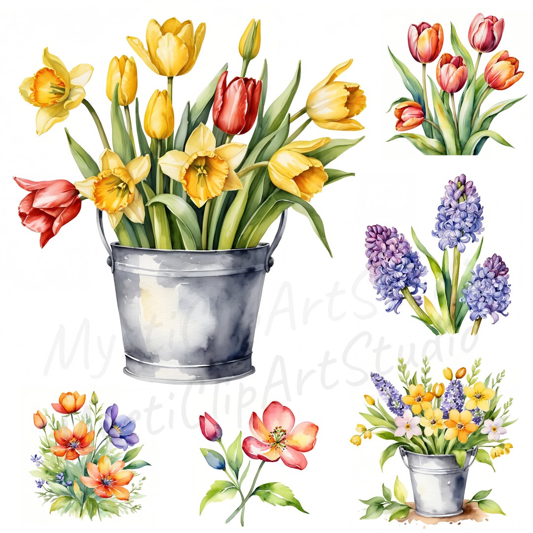 Watercolor Spring Flowers Clipart, 28 High Quality JPG, Digital ...