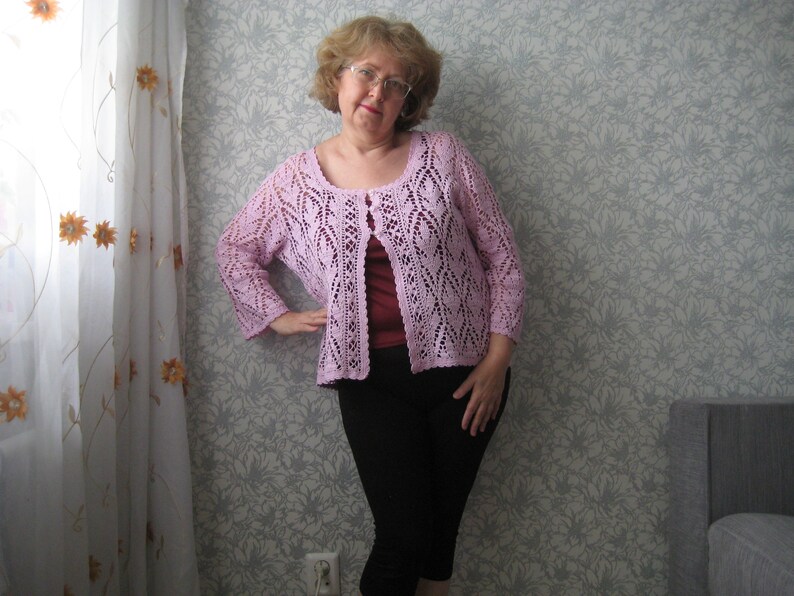 Pink Crochet Jacket Cropped Cardigan in Vintage Style Cotton Buttoned ...