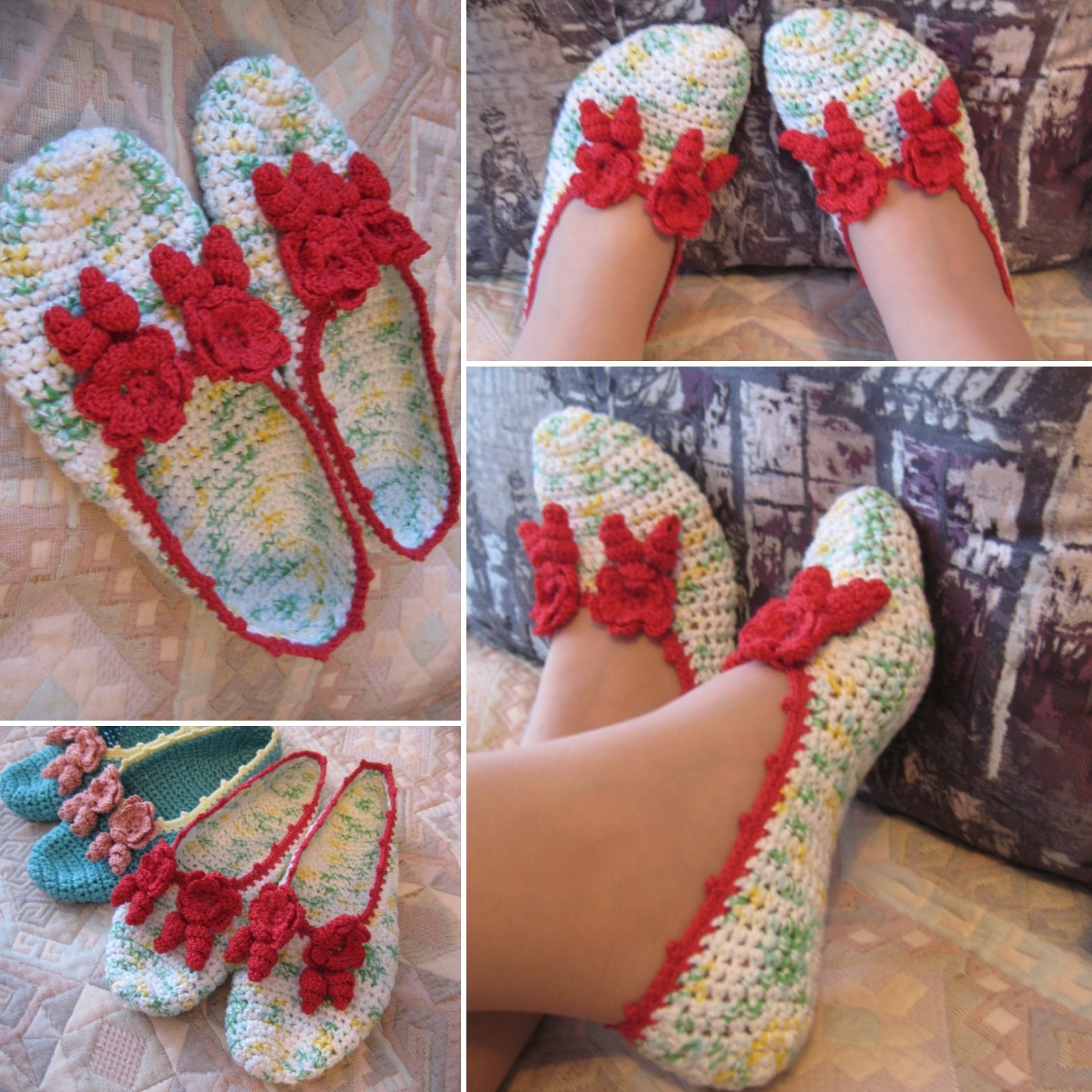Crochet Ballet Slippers, White Color, Cotton, Two Flower Decoration ...