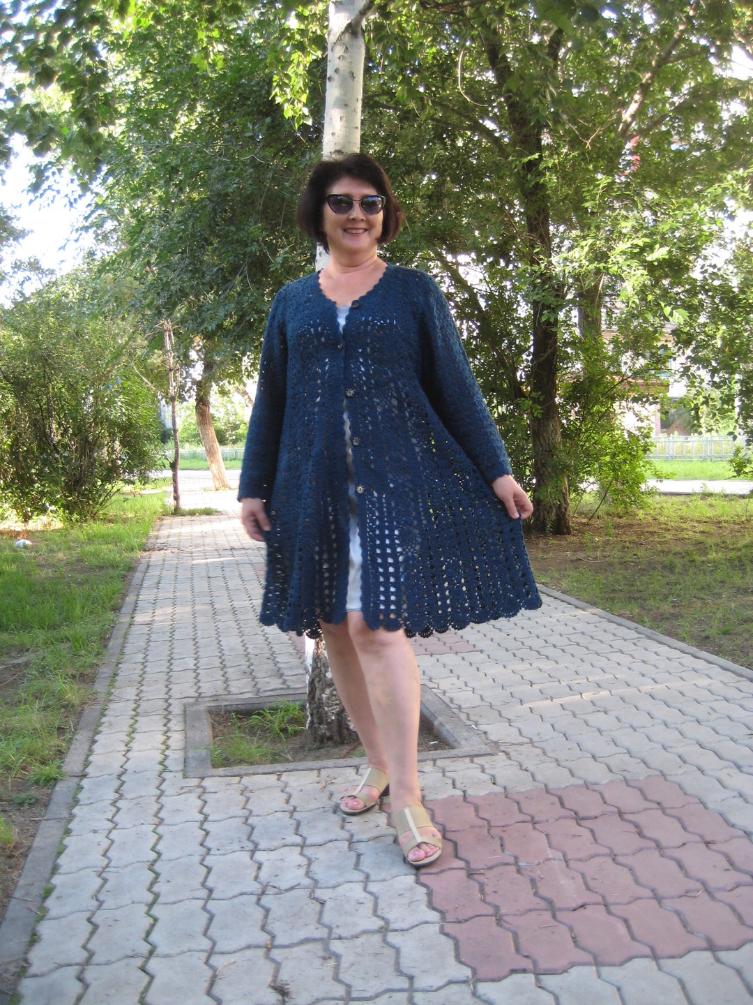 Crochet Lace Cardigan for Women, Long Cardigan Long Sleeve Blue Size 18 ...