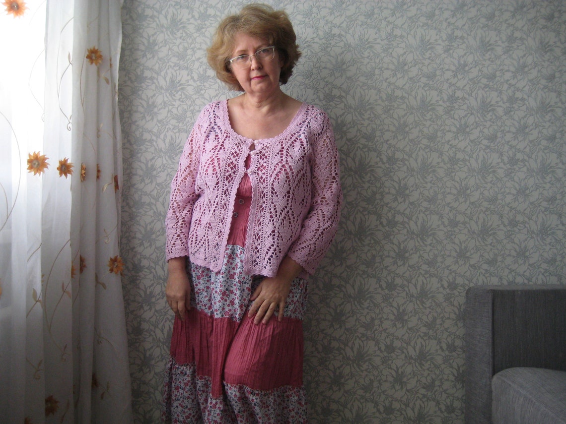 Pink Crochet Jacket Cropped Cardigan in Vintage Style Cotton Buttoned ...