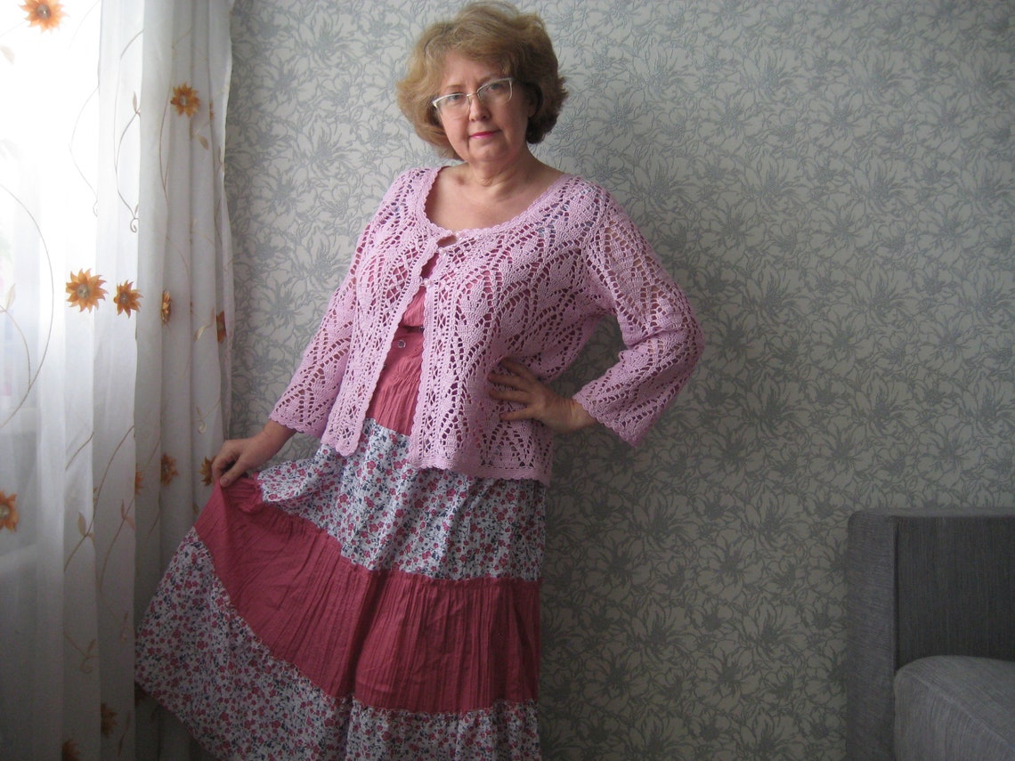 Pink Crochet Jacket Cropped Cardigan in Vintage Style Cotton Buttoned ...