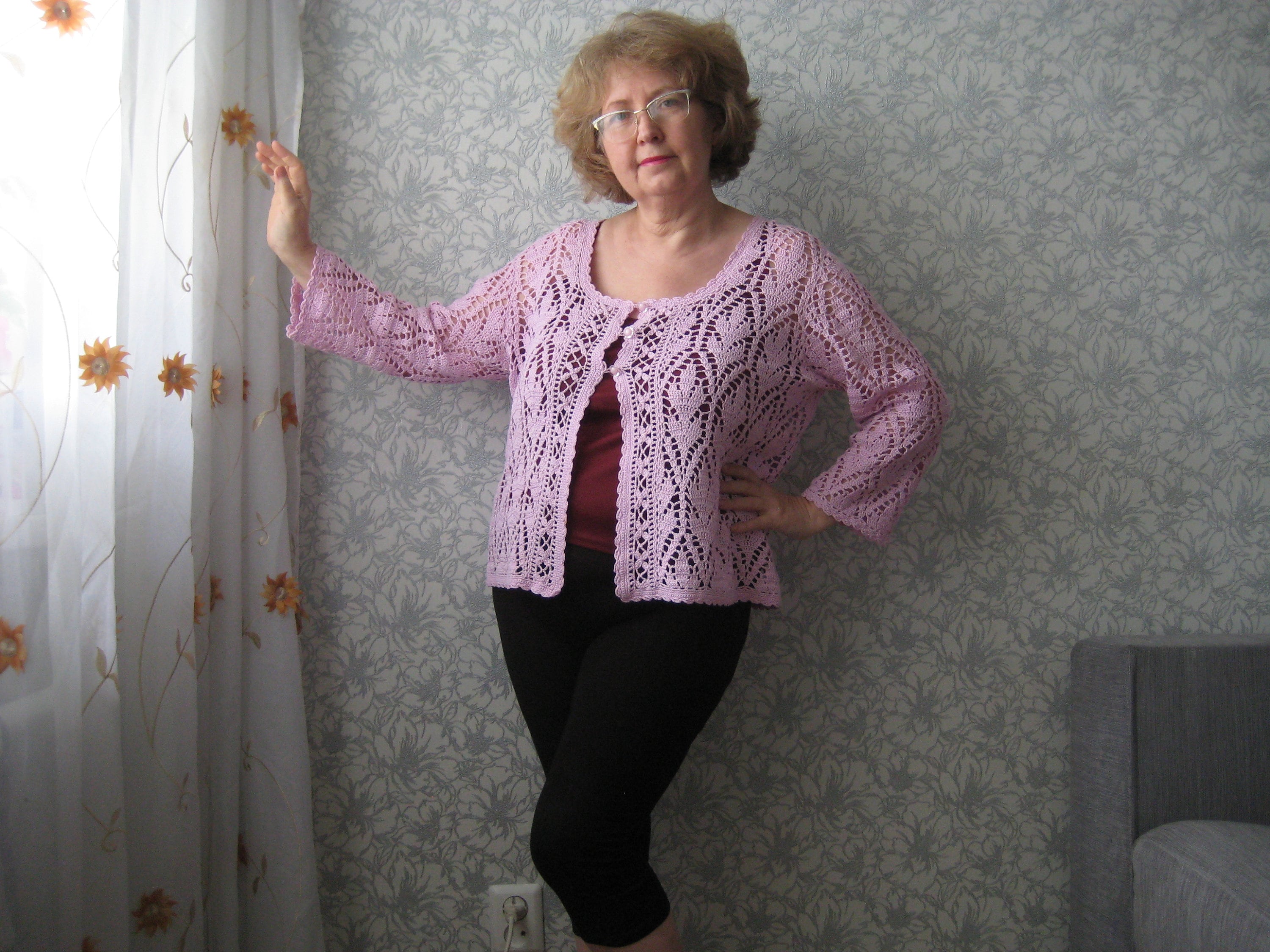 Pink Crochet Jacket Cropped Cardigan in Vintage Style Cotton Buttoned ...