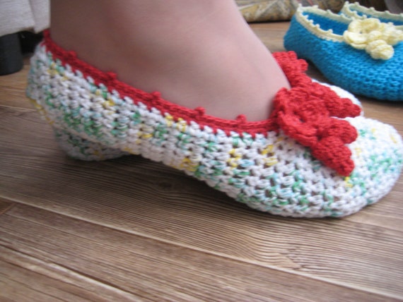 Crochet Ballet Slippers White Color Cotton Two Flower Decoration Gift for Woman for Mom for Girlfriend Home Slippers No Soles Etsy Ireland