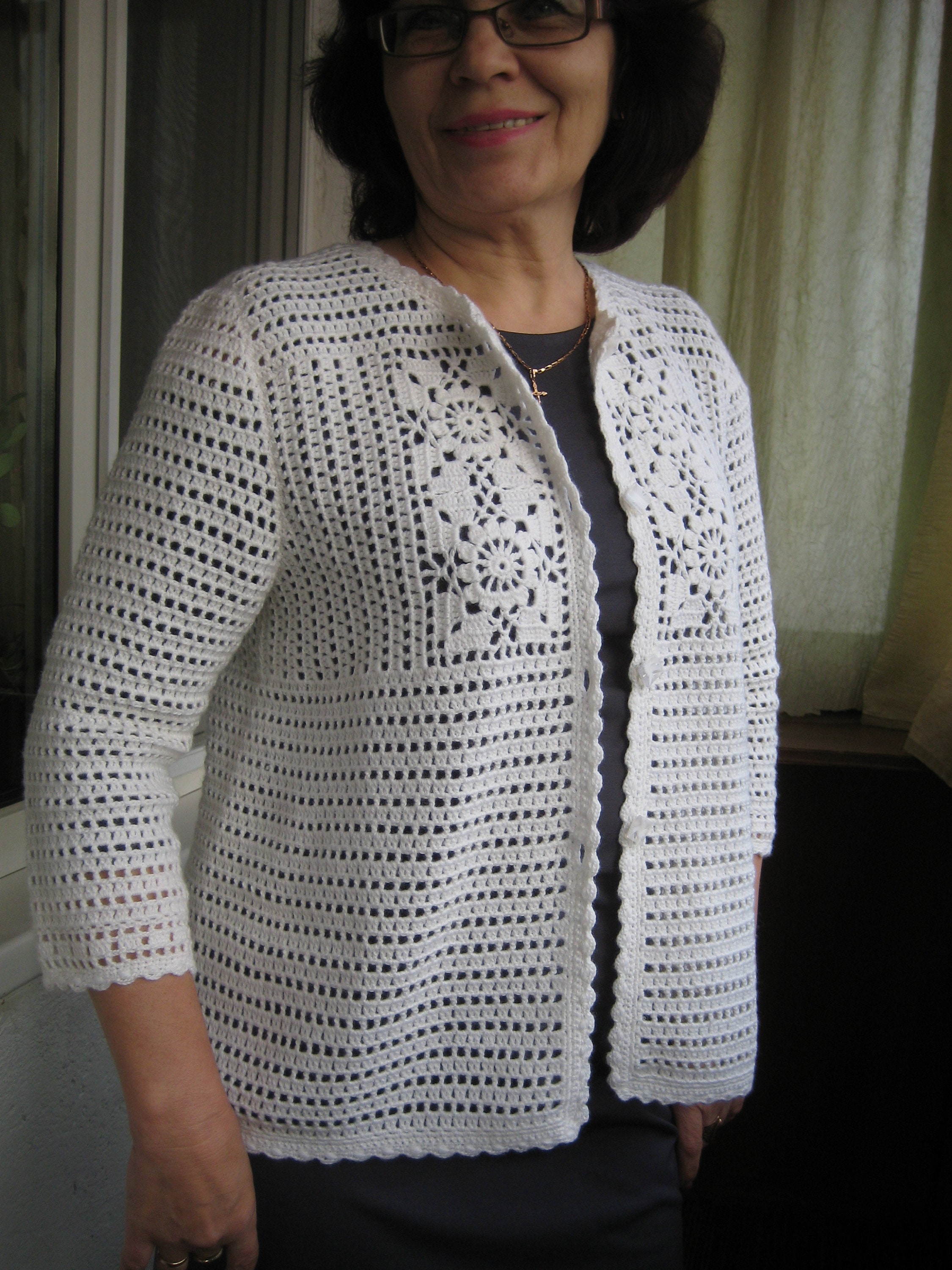 Crochet Jacket Women,3/4 Sleeves, Wool Acrylic,color Ivory, Handmade ...