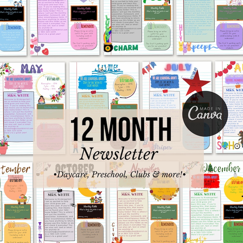 12 Month Editable Newsletter Template for Daycare, Preschool Newsletter ...