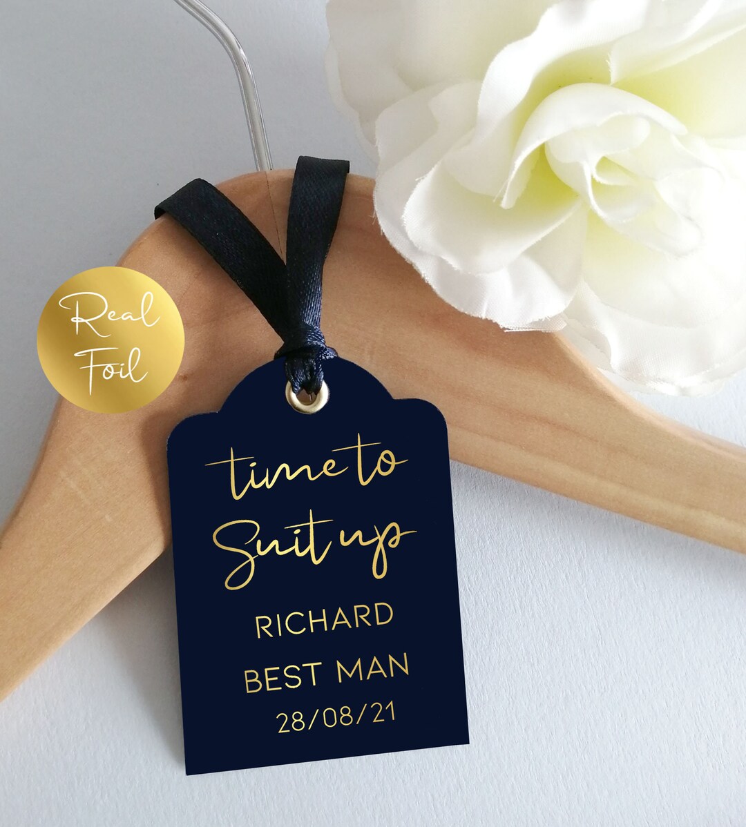 Time to Suit up Hanger Tags for Wedding, Personalised and Foiled in ...