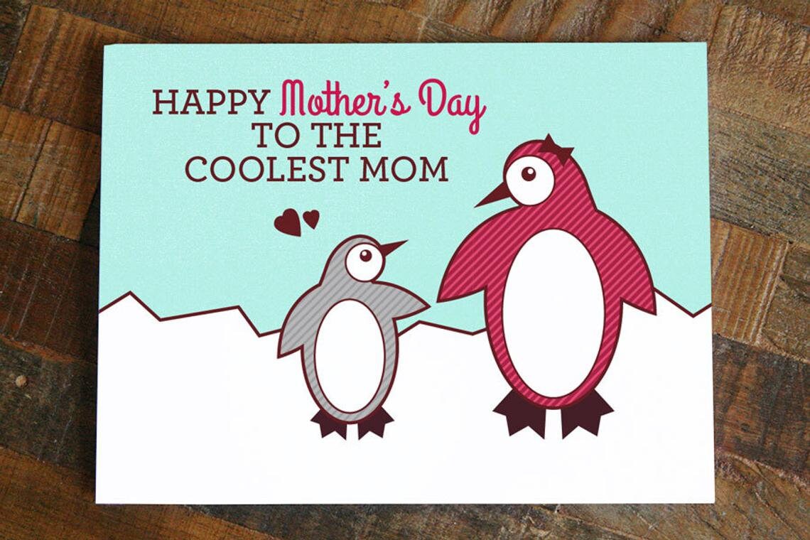 Penguin Printable Mother's Day Card "coolest Mom" - Funny Mothers Day ...