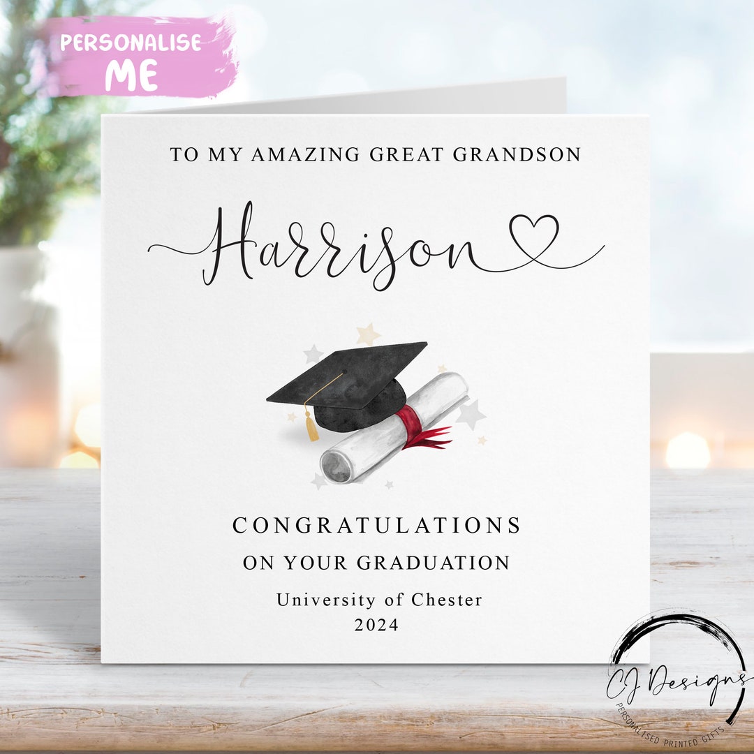 Personalised Great Grandson Graduation Card- With Cap & Scroll- Heart ...