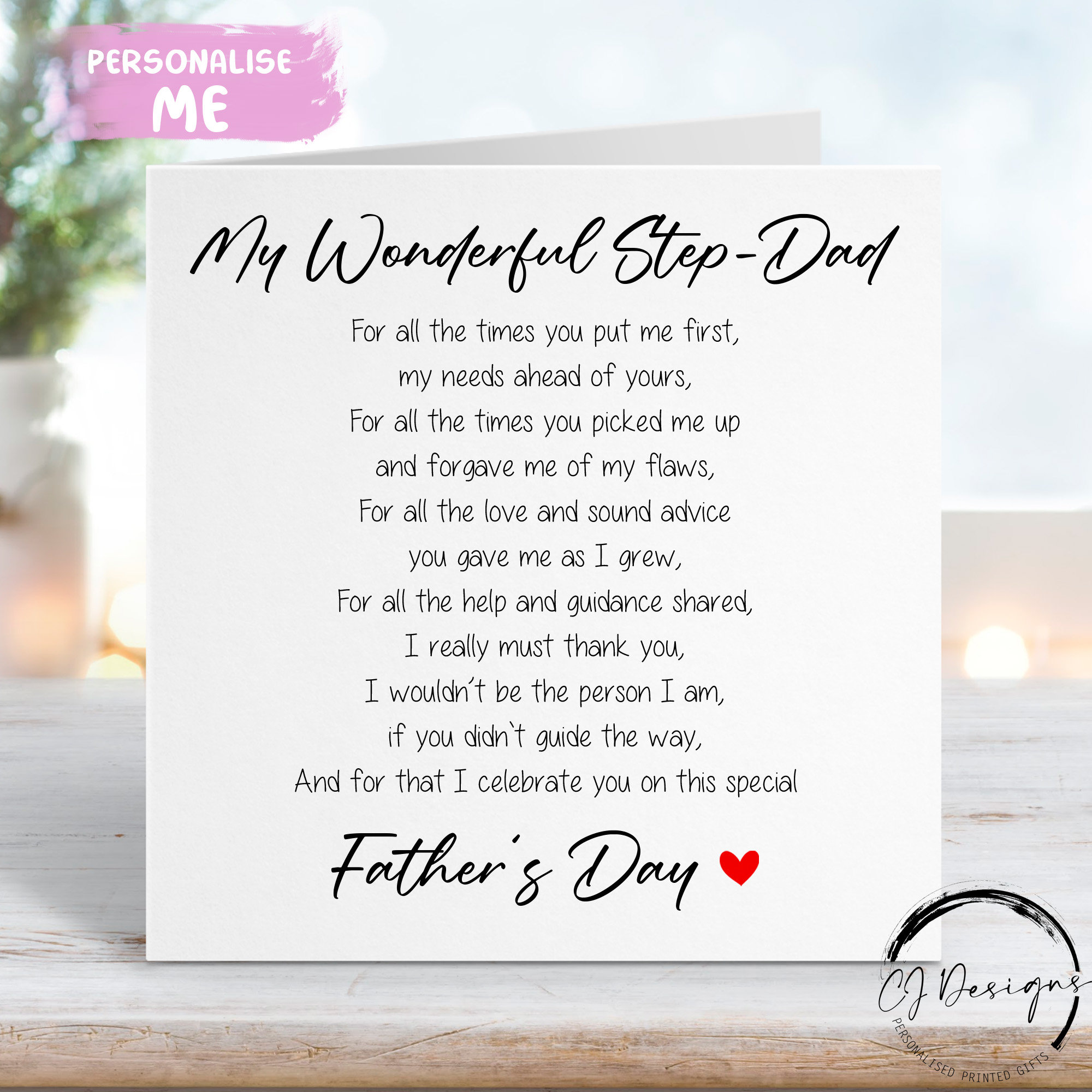 Step-dad Poem Fathers Day Card,- Verse Card With Red Heart ANY WORDING ...