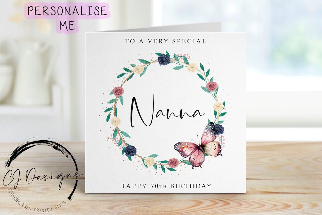 Personalised Nanna Birthday Card -rustic Floral Butterfly Wreath Any ...