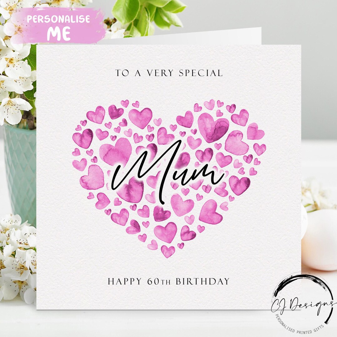 Personalised Mum Birthday Card, Pink Hearts ANY WORDING /AGE 30th 40th ...