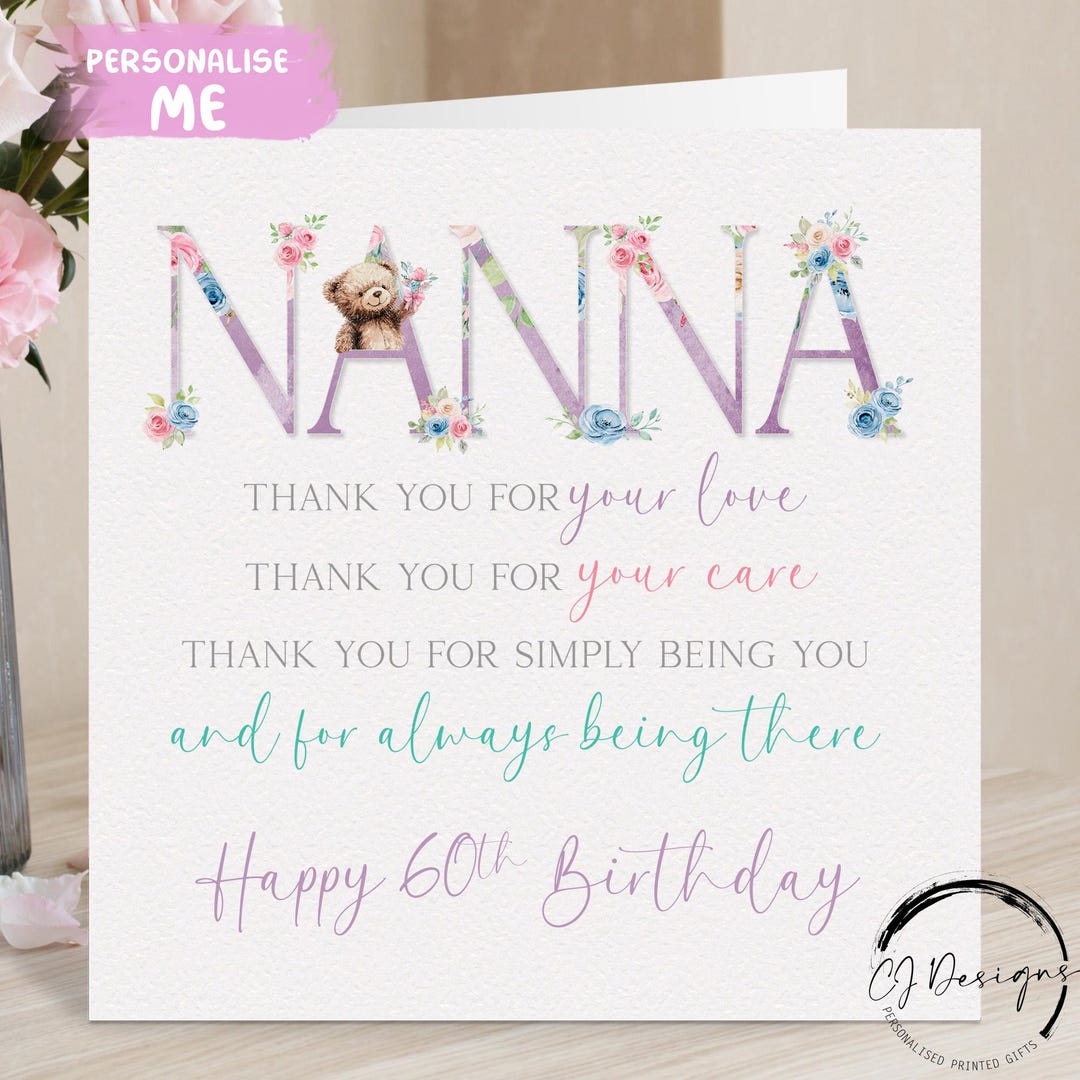 Birthday Card for Nanna Personalised Poem - Pink & Purple With Teddy ...