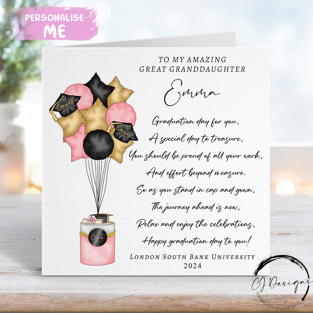Personalised Great Granddaughter Poem Graduation Card- With Cap, Scroll ...