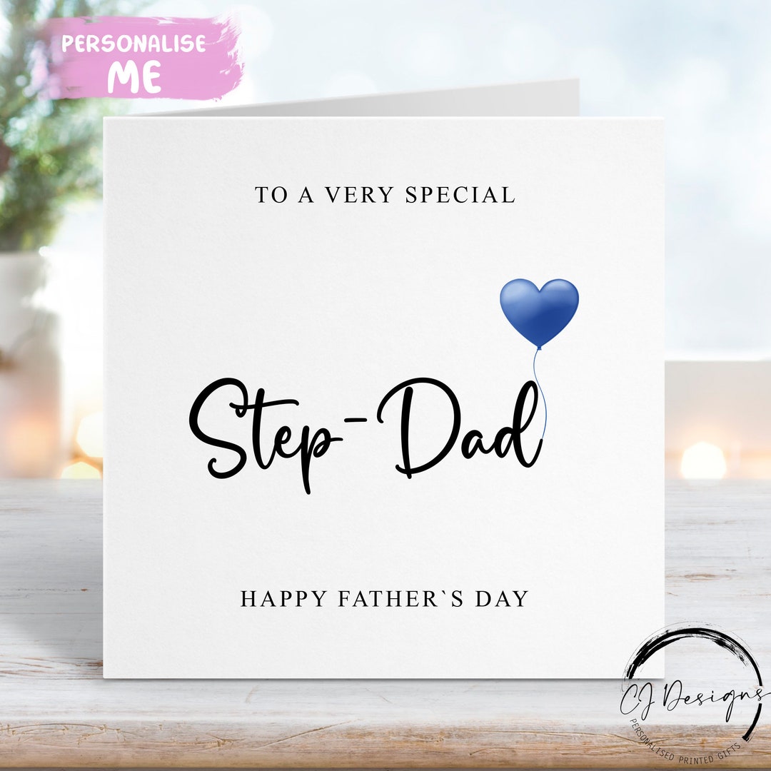 Step-dad Fathers Day Card, With Blue Heart Balloon ANY WORDING Small or ...