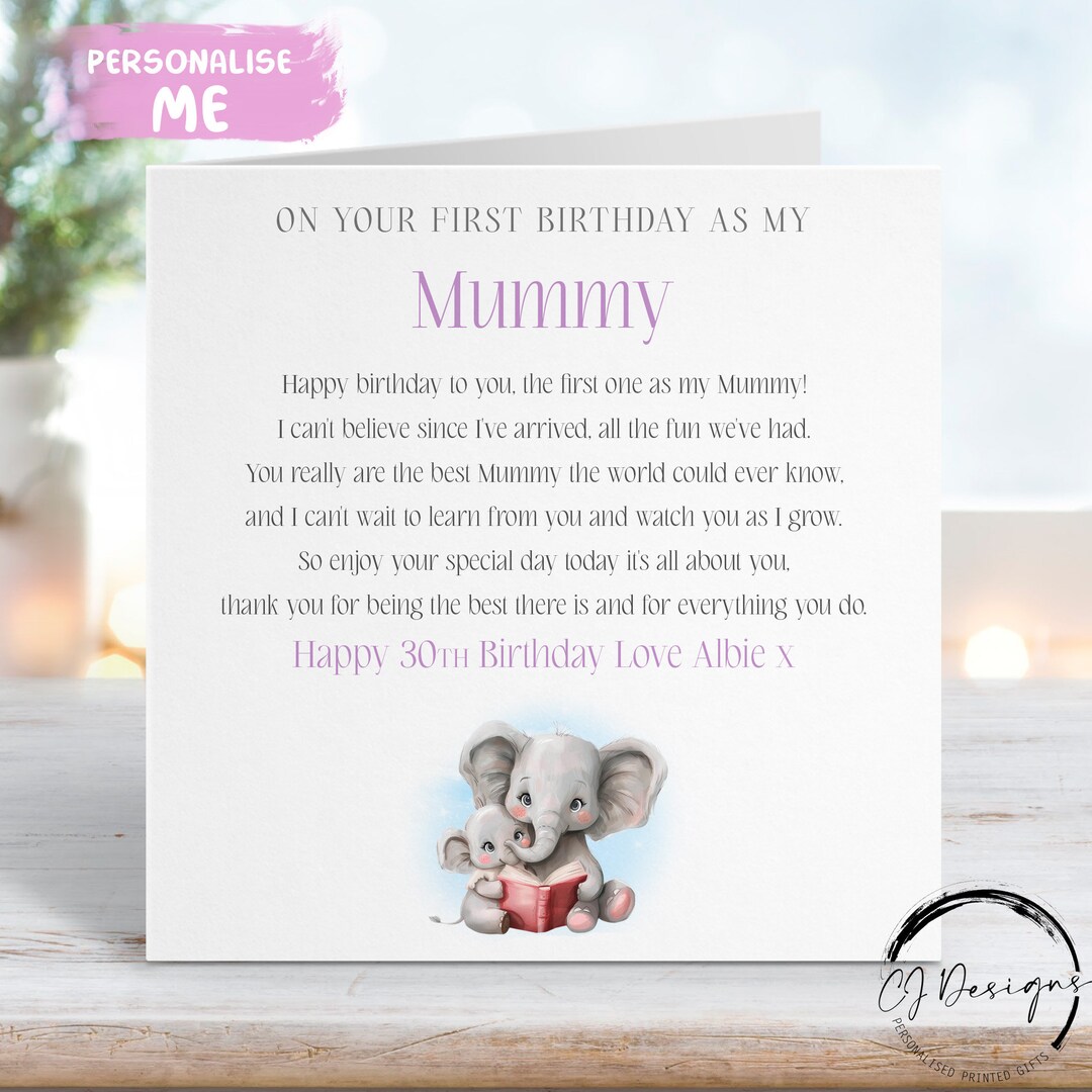 Personalised Mummy Birthday Card- Elephant First Birthday as My Mummy ...