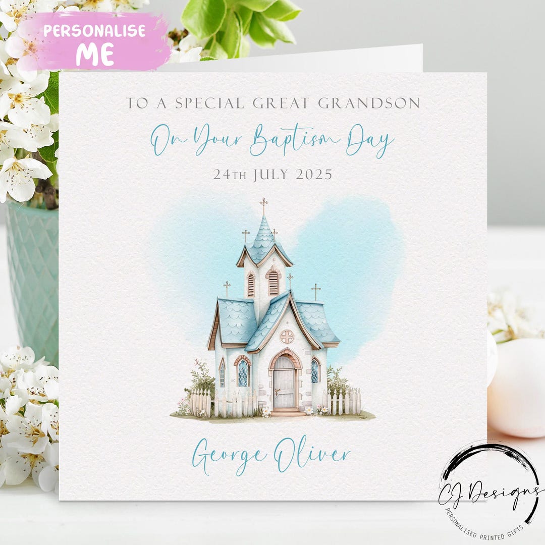 Personalised Great Grandson Baptism Card, Blue Church With Name / Date ...