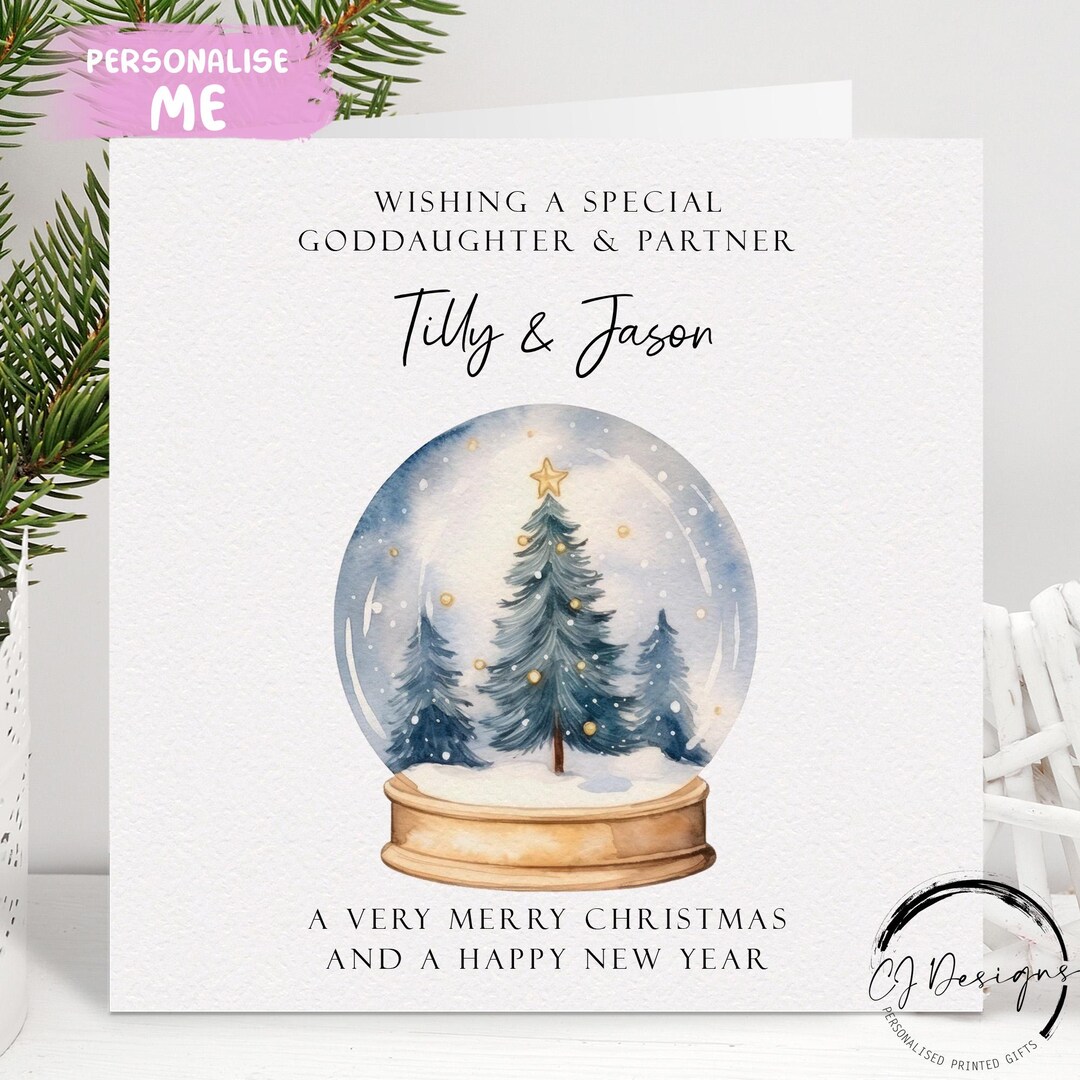 Personalised Goddaughter & Partner Christmas Card - Christmas Tree Snow ...