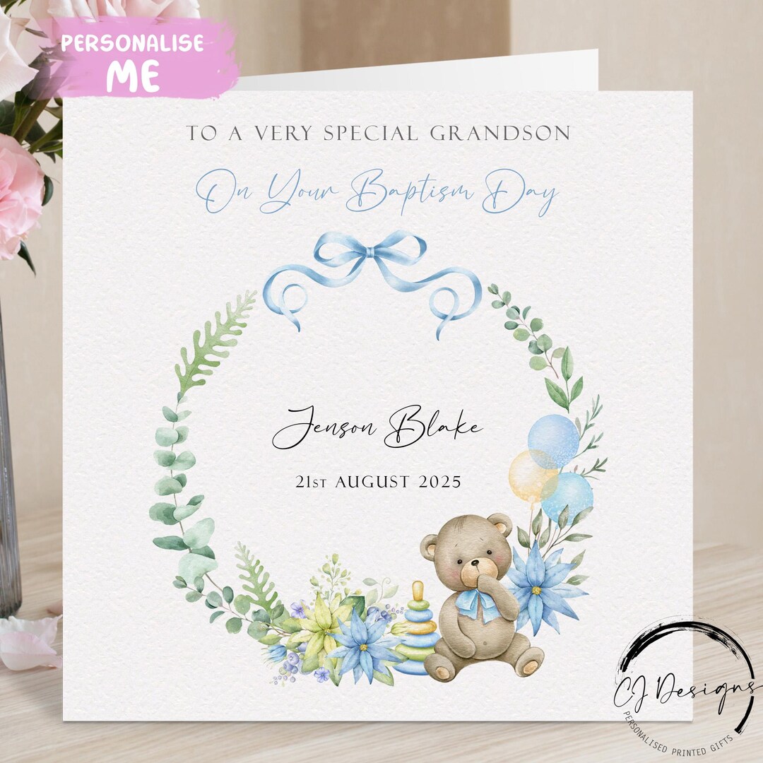 Personalised Grandson Baptism Card, Blue/green Floral Frame Teddy Bear ...