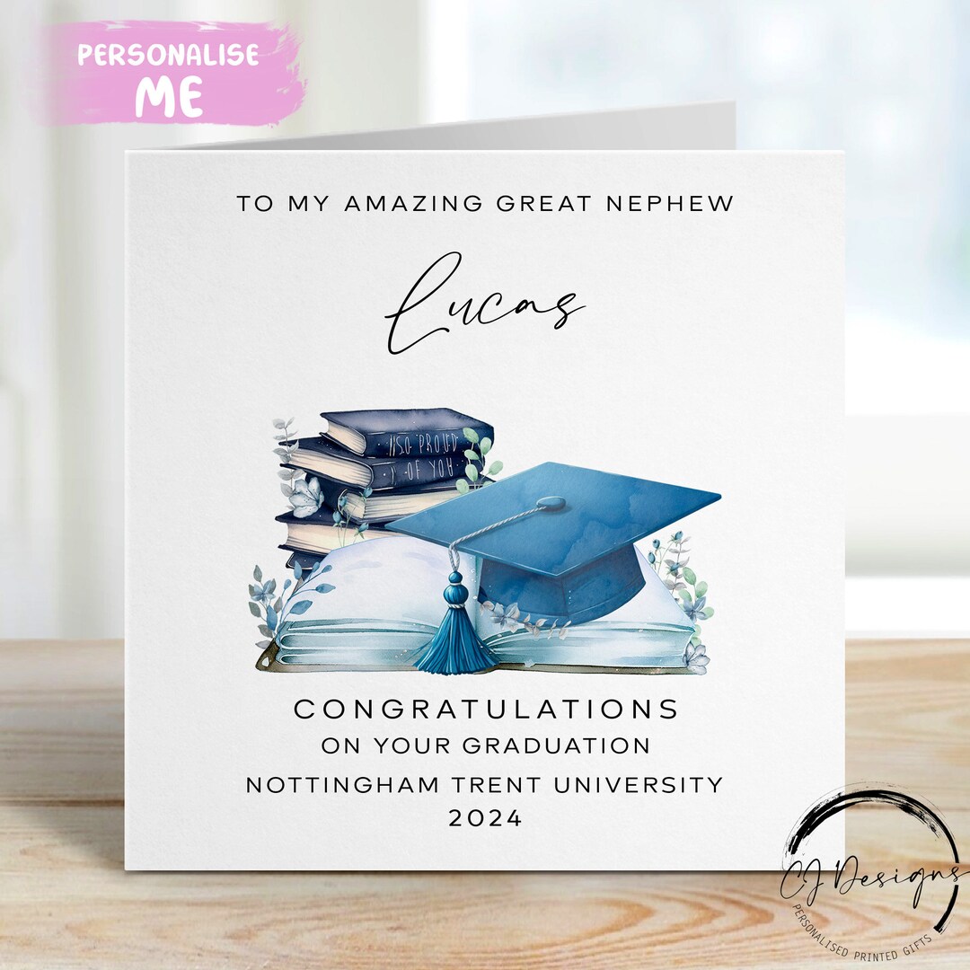 Personalised Great Nephew Graduation Card- With Cap & Books Floral ...