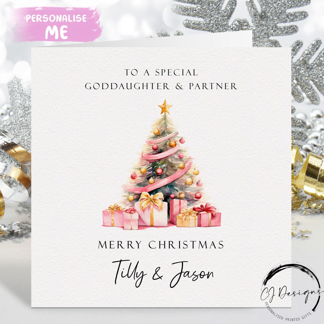 Personalised Goddaughter & Partner Christmas Card Pink and Gold Theme ...
