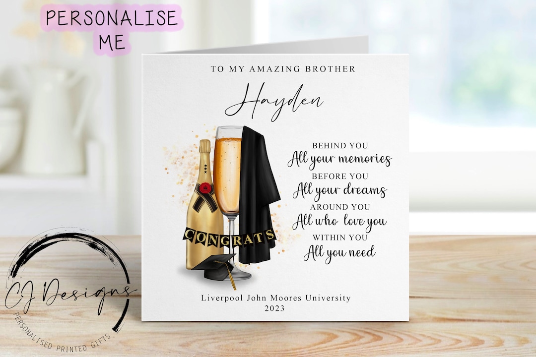 Personalised Brother Graduation Card- With Cap, Gown & Glass- Name and ...