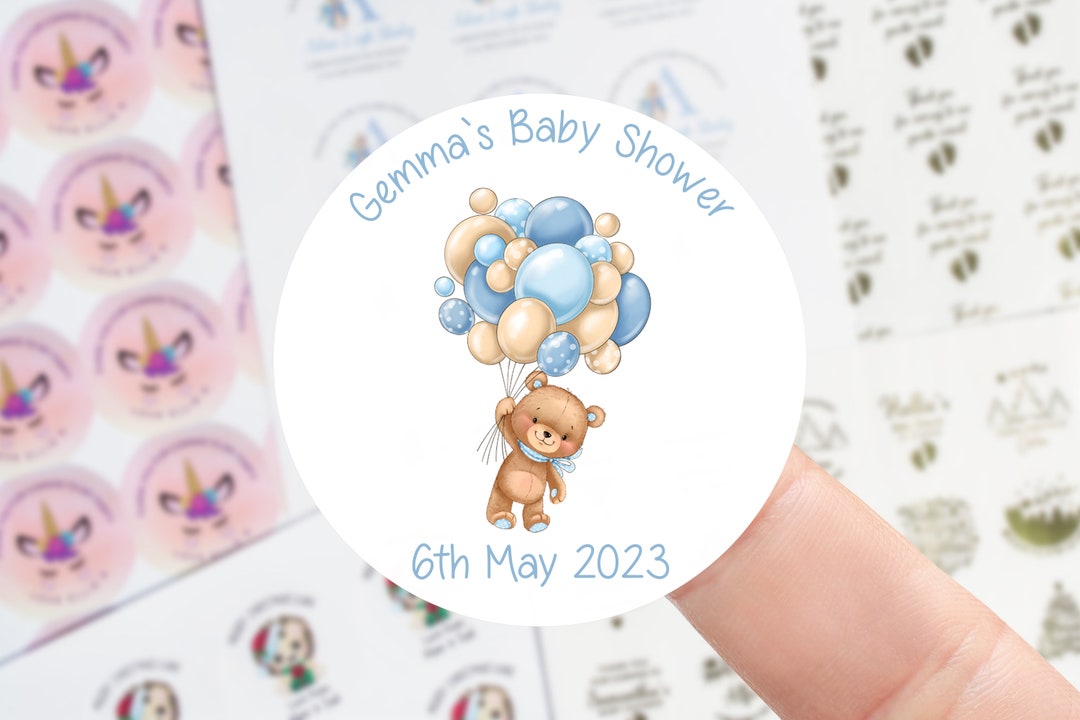 Personalised Baby Shower Stickers - Teddy and Blue Balloons Baby Shower ...