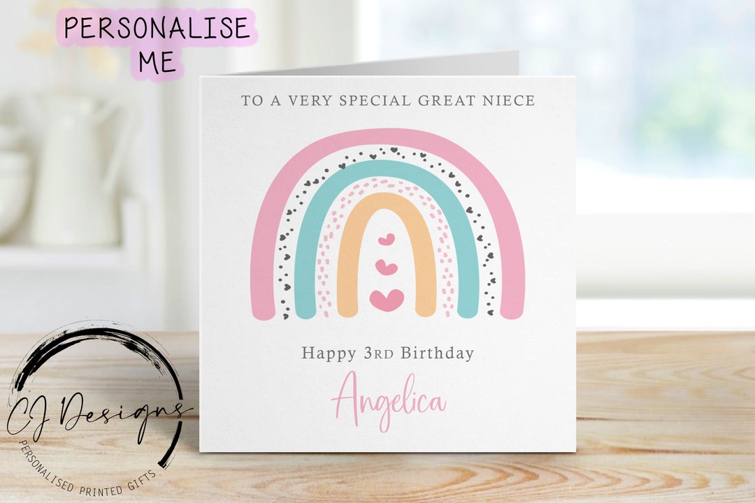 Personalised Great Niece Birthday Card - Pink Rainbow Greeting Card ...