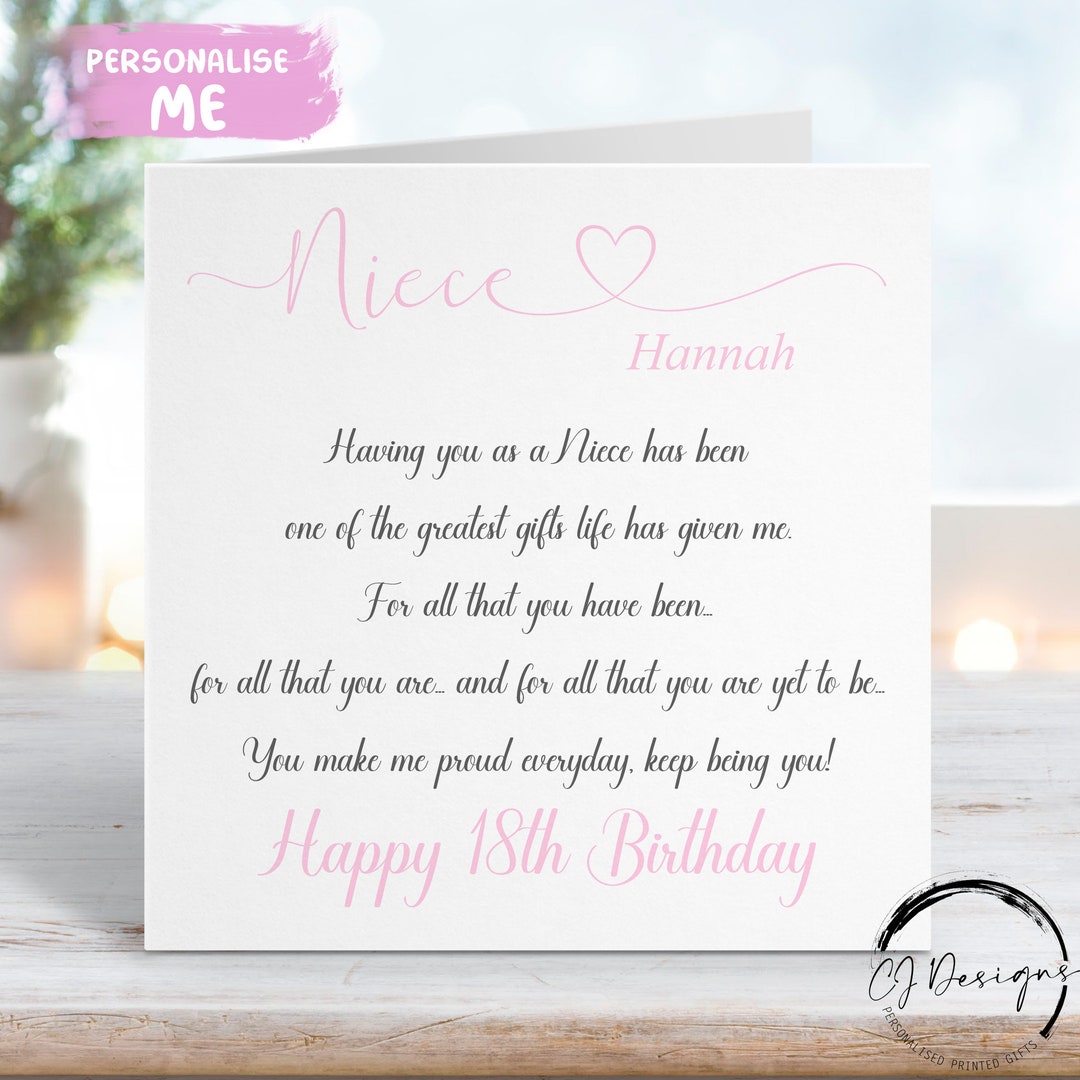 Personalised Niece Birthday Card- Poem, Quote Card- Keepsake Coming of ...
