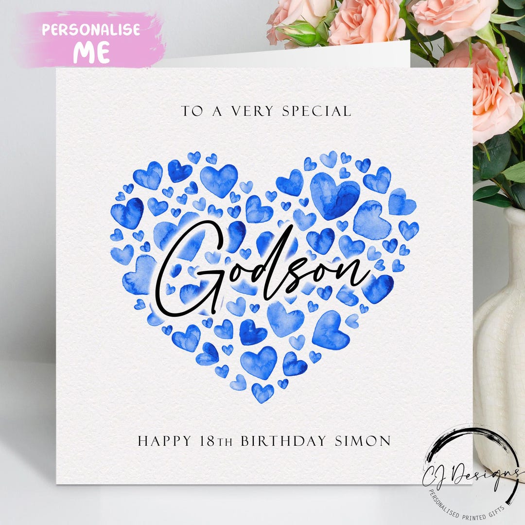 Personalised Godson Birthday Card, Blue Hearts ANY WORDING /AGE/ Name ...