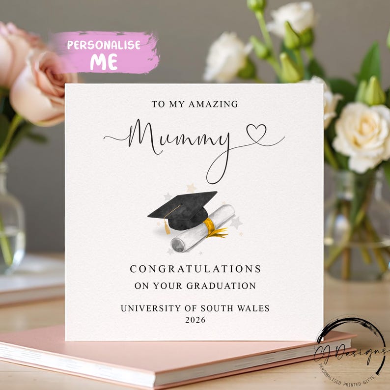 Personalised Mummy Graduation Card- Cap & Gold Ribbon Scroll- Name and ...