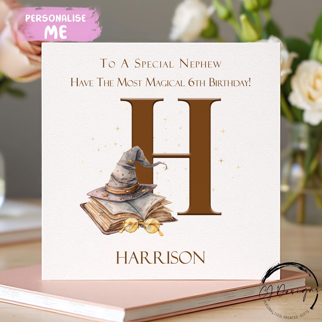 Personalised Nephew Birthday Card, Wizard Theme Any Age & Name Boy/girl ...