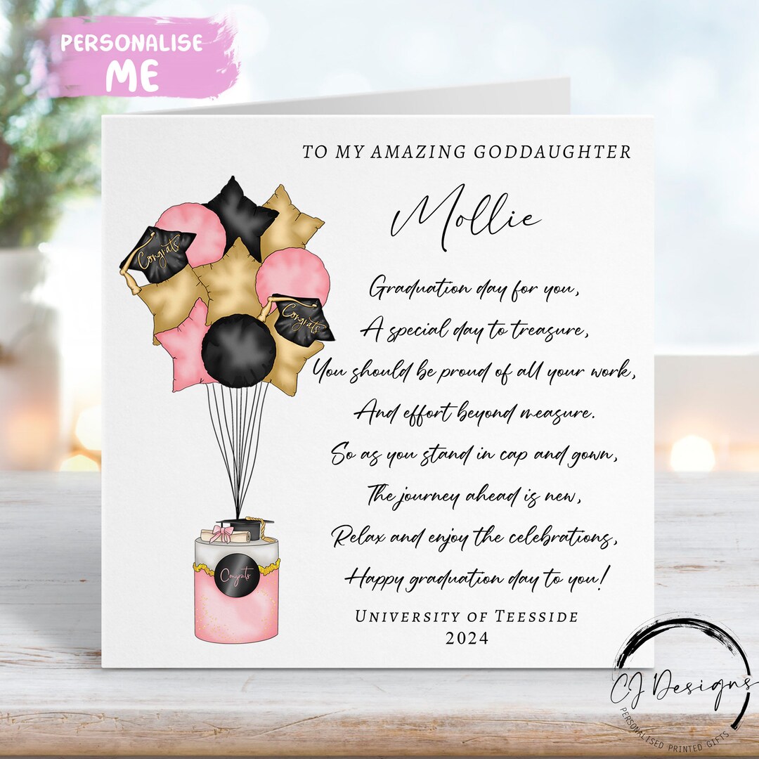 Personalised Goddaughter Poem Graduation Card- With Cap, Scroll, Cake ...