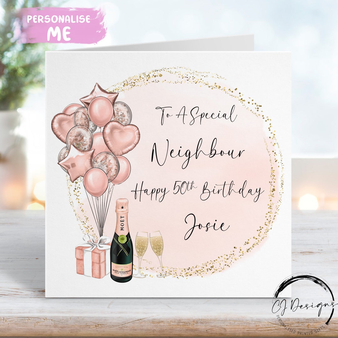 Personalised Neighbour Birthday Card Rose Gold & Gold Theme Balloons ...