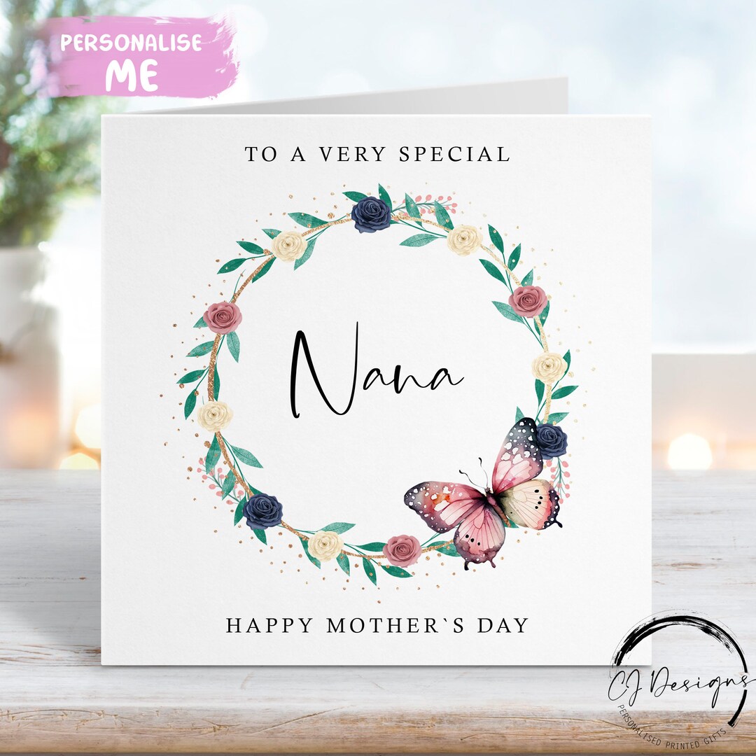 Nana Mothers Day Card -rose and Butterfly Floral Wreath - Greeting Card ...