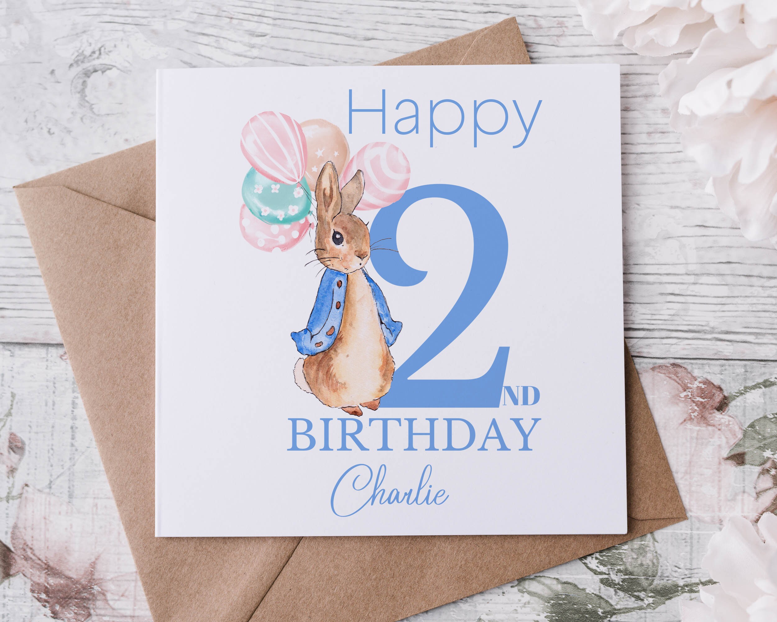 Personalised Blue Peter Rabbit 2nd Birthday Card Boy/girl Pink or Blue ...