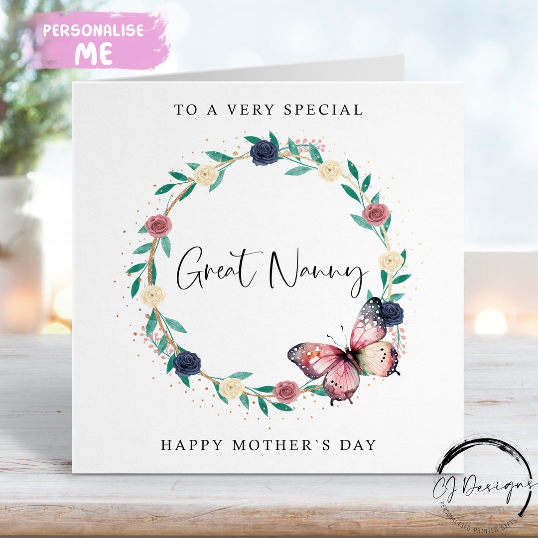 Great Nanny Mothers Day Card -rose and Butterfly Floral Wreath ...