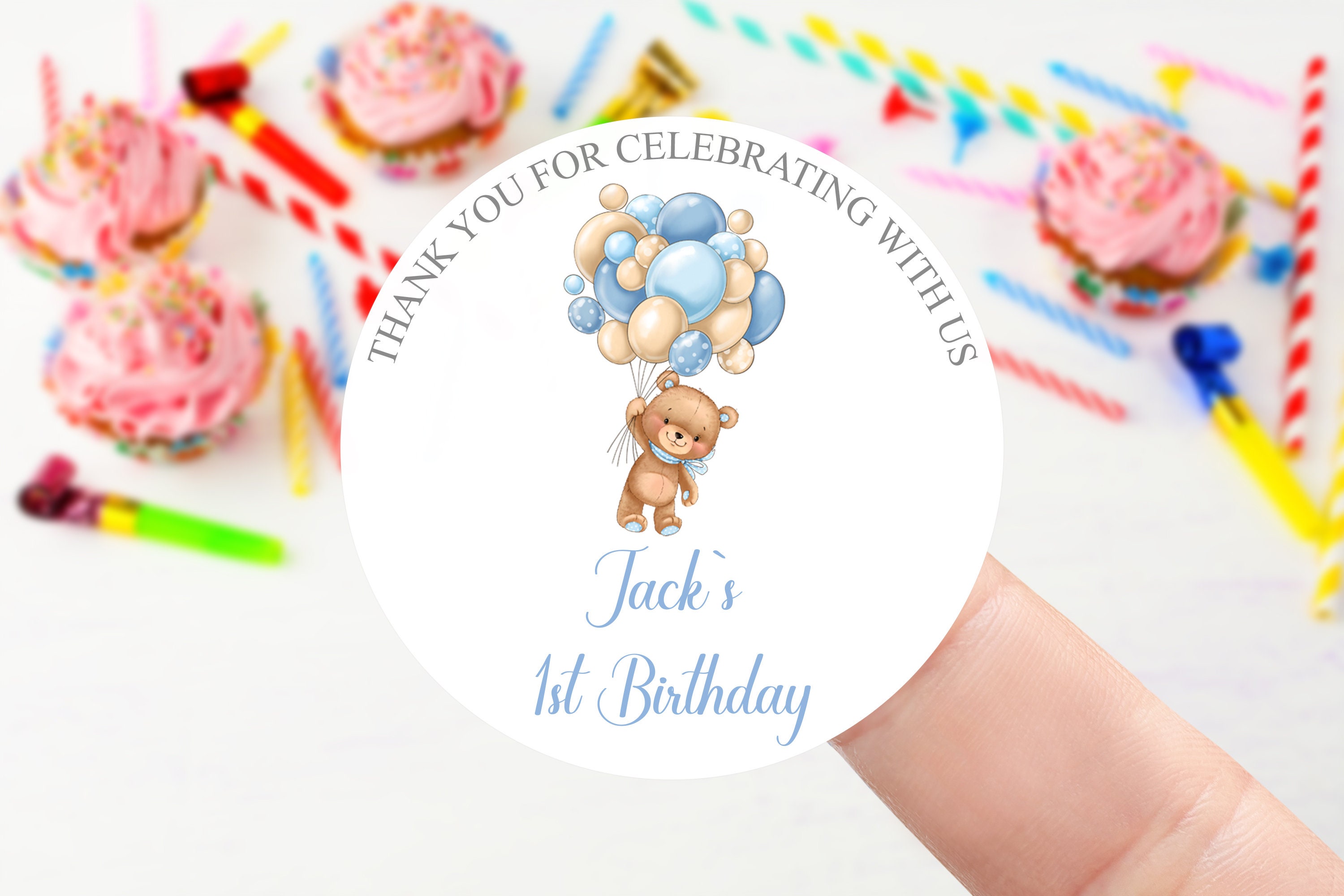 Personalised Teddy Birthday Stickers teddy & Blue Balloons - Etsy